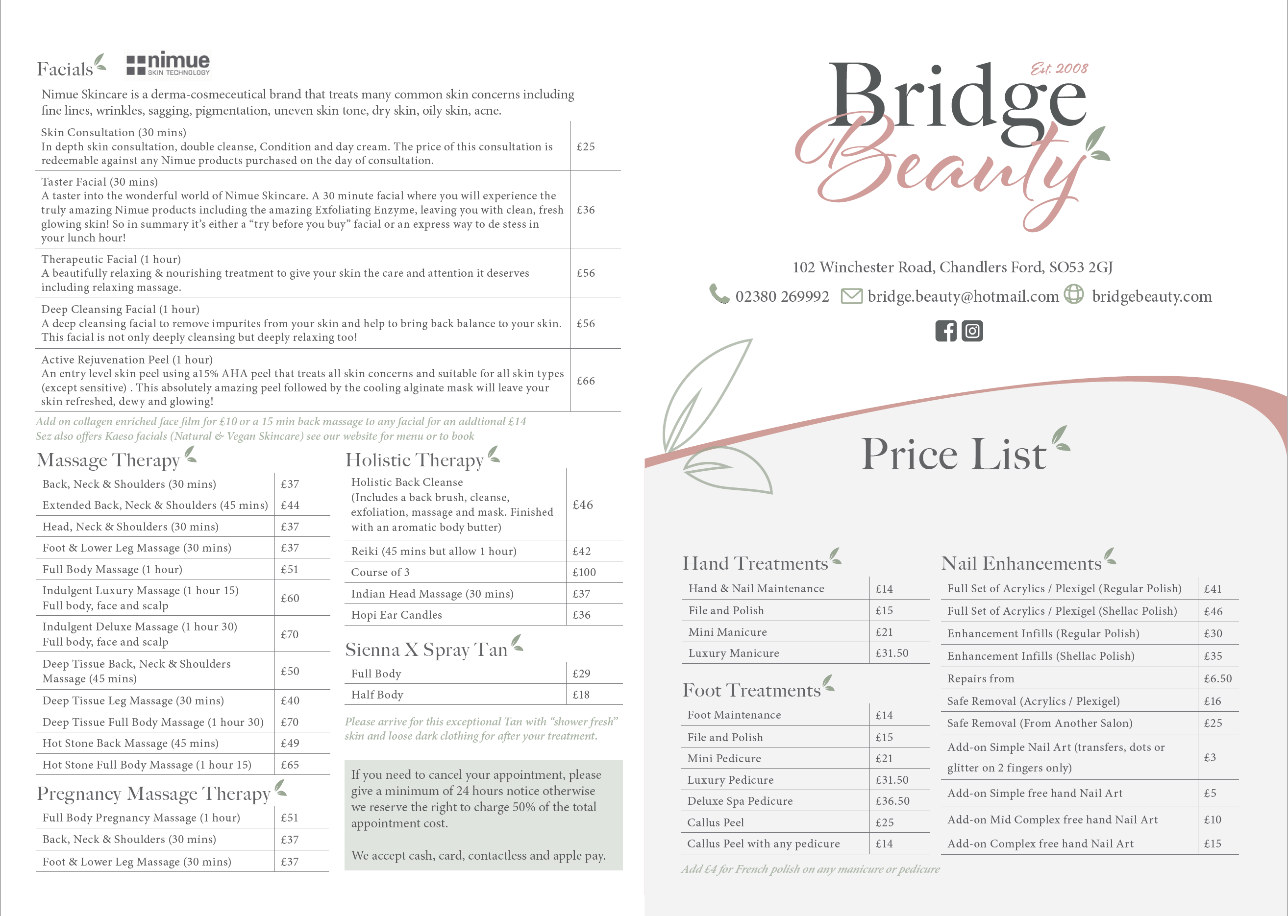 Price List - Bridge Beauty